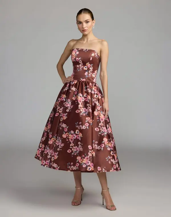 Mac Duggal Brown Floral Satin Strapless A-line Midi Dress