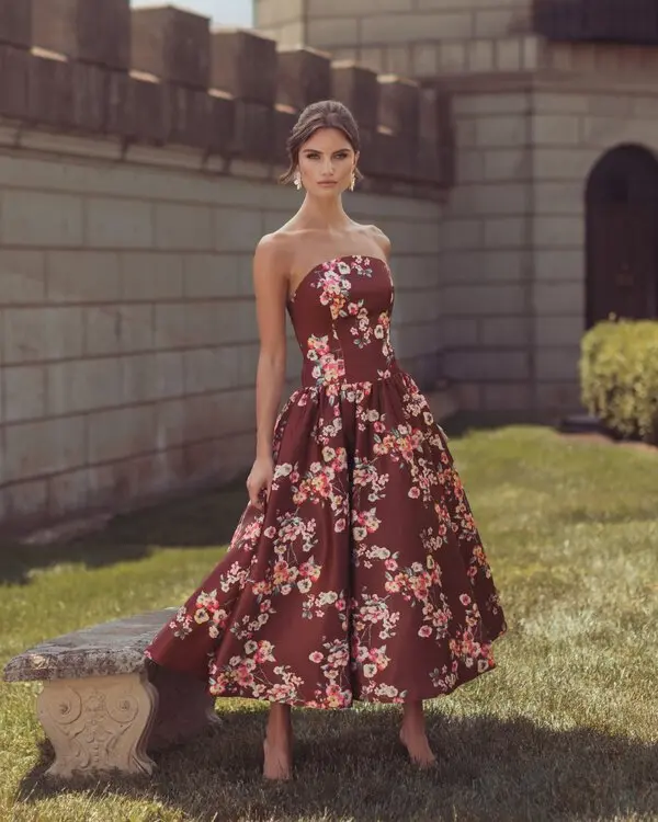 Mac Duggal Brown Floral Satin Strapless A-line Midi Dress