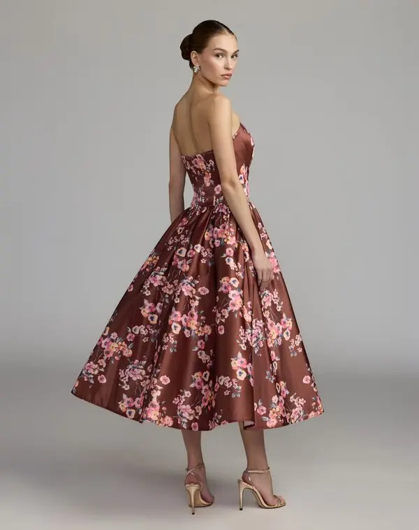Mac Duggal Brown Floral Satin Strapless A-line Midi Dress