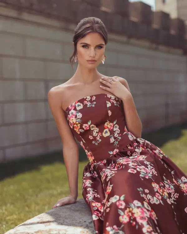 Mac Duggal Brown Floral Satin Strapless A-line Midi Dress