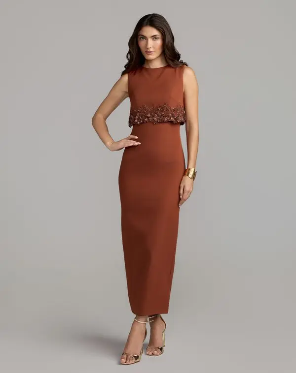 Mac Duggal Floral Embellished Overlay Column Dress