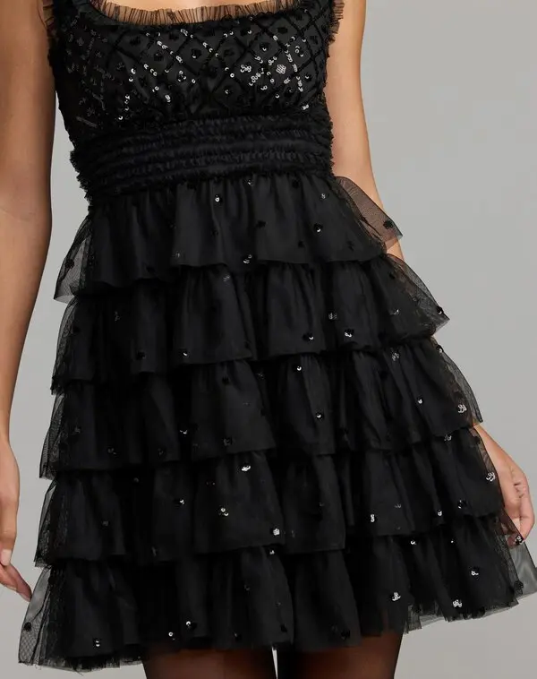 Mac Duggal Sleeveless Sequin Tiered Ruffle Mini Dress