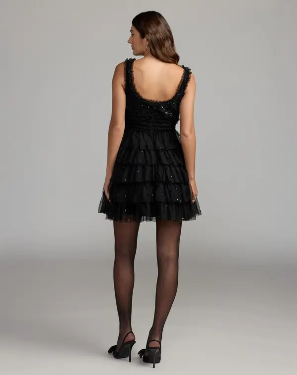 Mac Duggal Sleeveless Sequin Tiered Ruffle Mini Dress