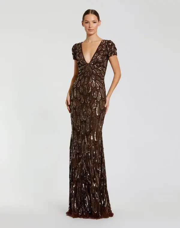 Mac Duggal Petite Brown Embellished Deep V Column Gown