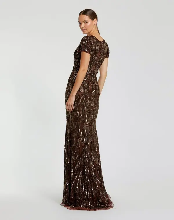 Mac Duggal Petite Brown Embellished Deep V Column Gown