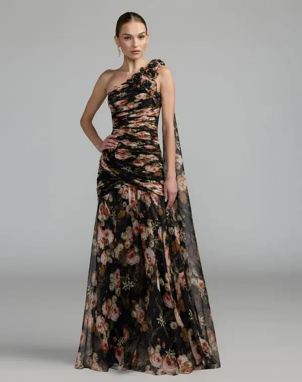 Mac Duggal Black One Shoulder Floral Printed Chiffon Gown
