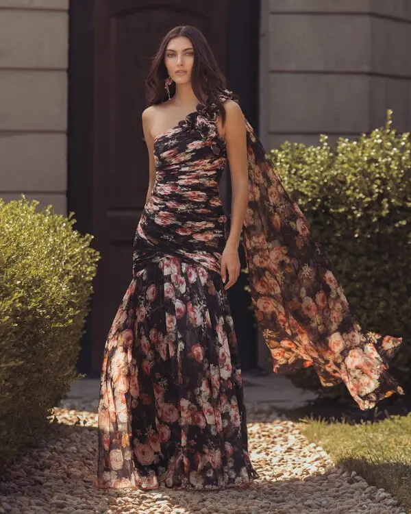 Mac Duggal Black One Shoulder Floral Printed Chiffon Gown