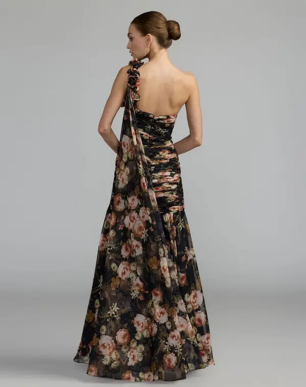 Mac Duggal Black One Shoulder Floral Printed Chiffon Gown
