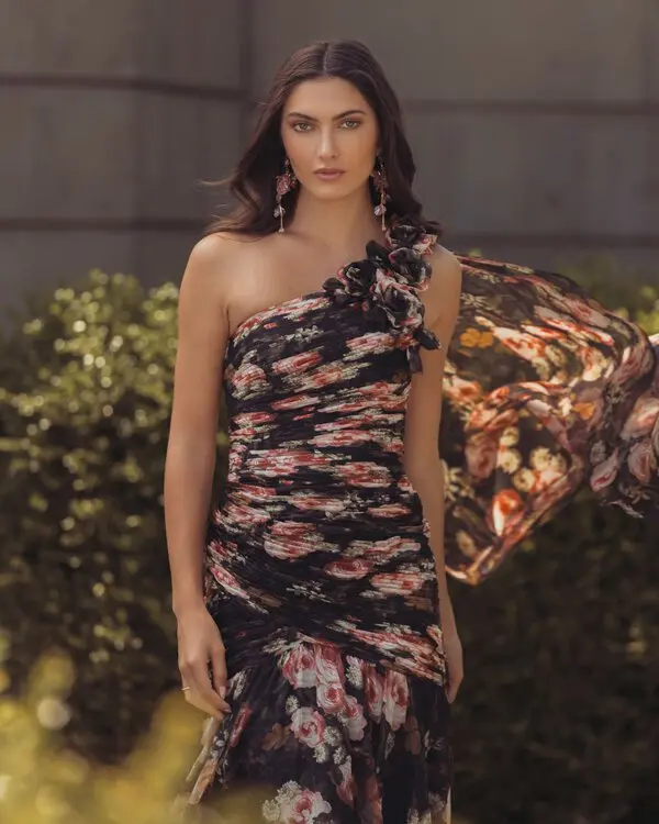 Mac Duggal Black One Shoulder Floral Printed Chiffon Gown