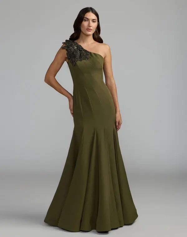Mac Duggal Petite One Shoulder Crepe Gown With Embellished Flower Detail - Green