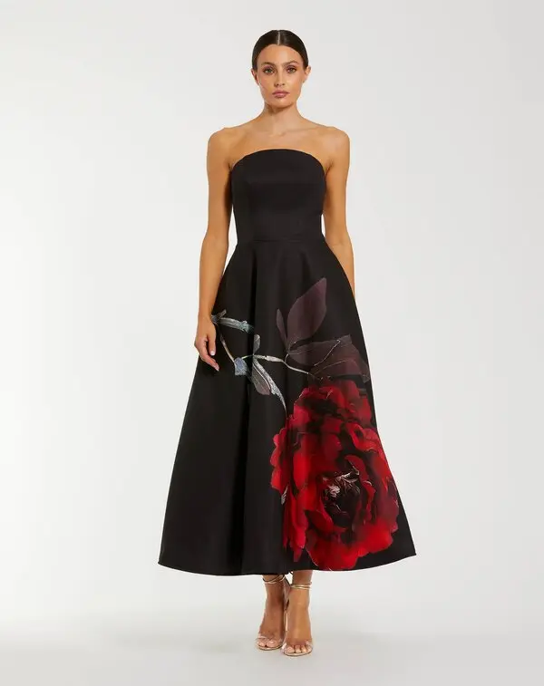 Mac Duggal Printed Satin Strapless Midi Dress With Pockets