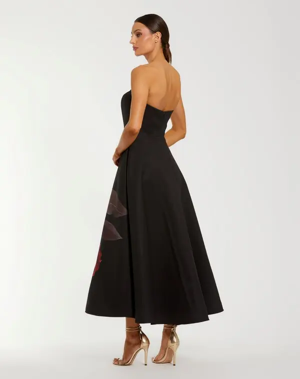 Mac Duggal Printed Satin Strapless Midi Dress With Pockets