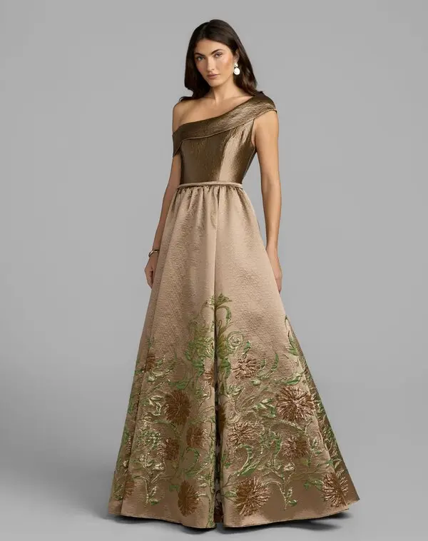 Mac Duggal Beige Floral Off The Shoulder Ball Gown