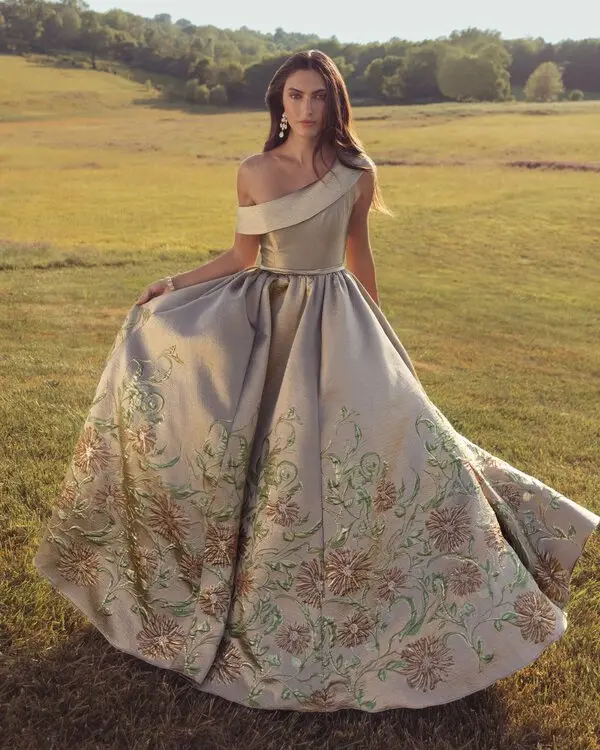 Mac Duggal Beige Floral Off The Shoulder Ball Gown
