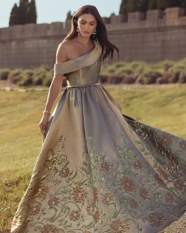Mac Duggal Beige Floral Off The Shoulder Ball Gown