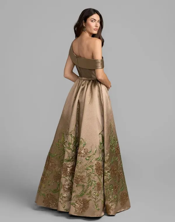 Mac Duggal Beige Floral Off The Shoulder Ball Gown