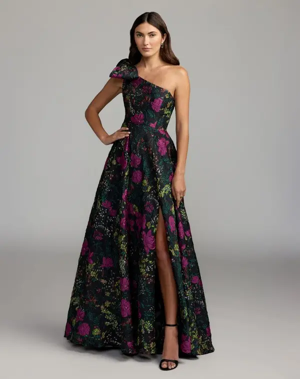 Mac Duggal One Shoulder Brocade Floral Gown With Bow