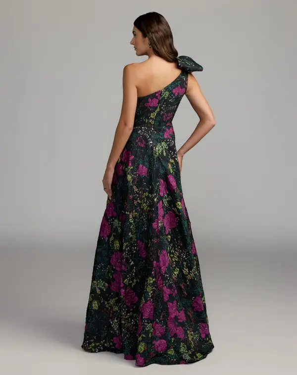Mac Duggal One Shoulder Brocade Floral Gown With Bow