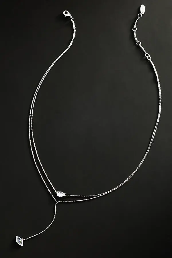 Anthropologie Delicate Layered Lariat Necklace With Cubic Zirconia - Silver