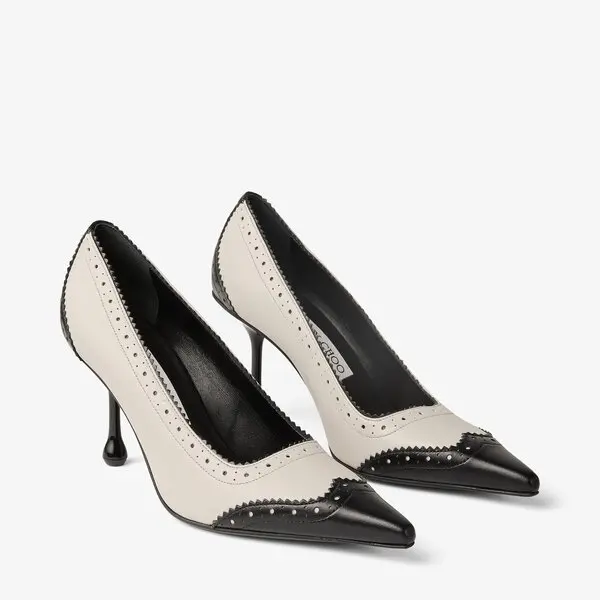 JIMMY CHOO Ixia 80 Black And Bone Nappa Leather Pumps With Broguing