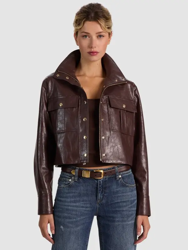 Alice + Olivia Vegan Leather Funnel Neck Parka - Dark Chocolate