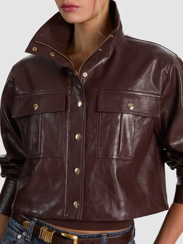 Alice + Olivia Vegan Leather Funnel Neck Parka - Dark Chocolate