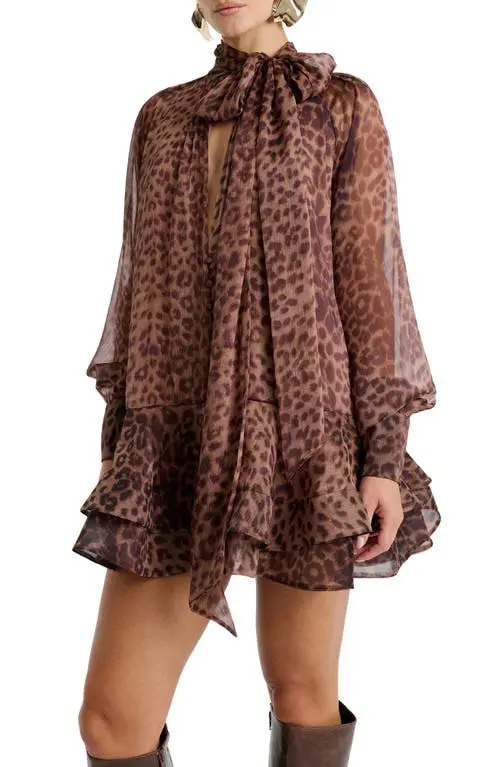 Bardot Adrie Long Sleeve Babydoll Minidress - Leopard