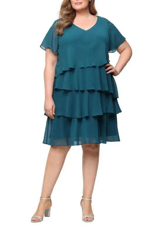 SL FASHIONS Beaded Tiered Chiffon Dress - Mallard