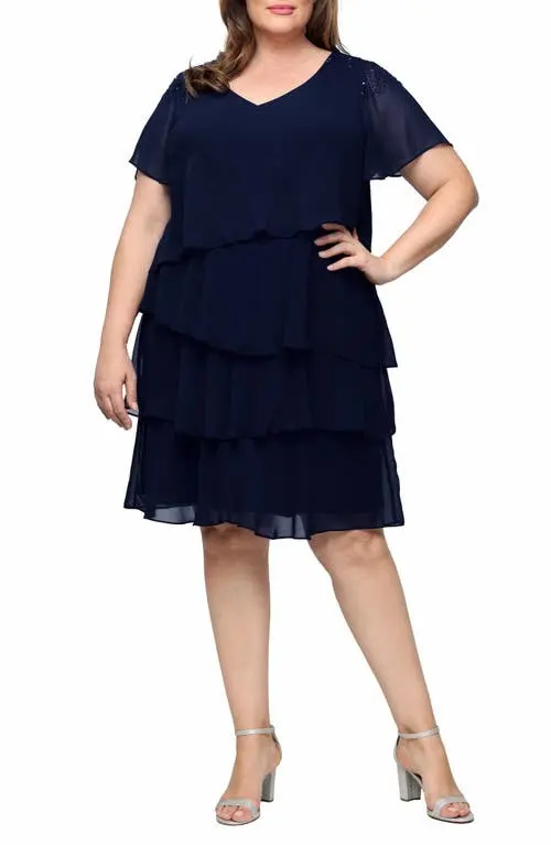 SL FASHIONS Beaded Tiered Chiffon Dress - New Navy