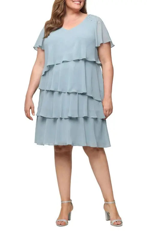 SL FASHIONS Beaded Tiered Chiffon Dress - Sage