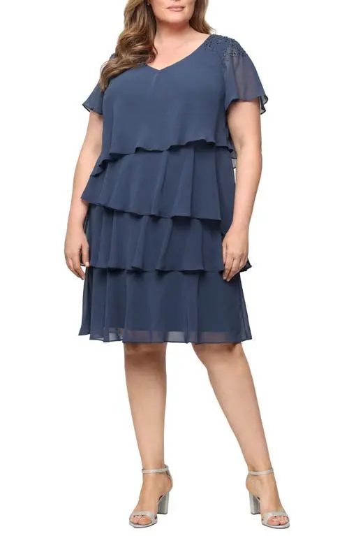 SL FASHIONS Beaded Tiered Chiffon Dress - Slate