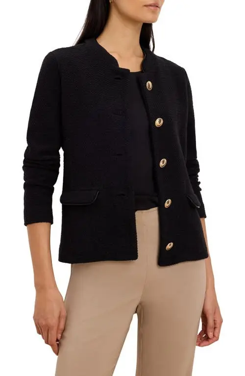 NIC+ZOE Cotton Blend Tweed Knit Jacket With Brass Buttons - Black Onyx