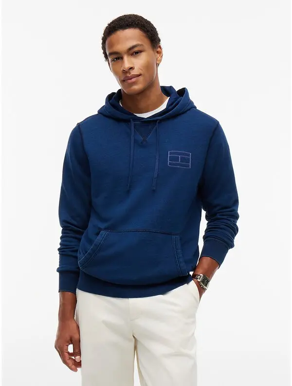 Tommy Hilfiger Indigo-dyed Hoodie With Embroidered Flag Logo - Dark Indigo