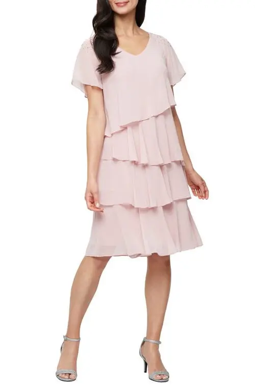 SL FASHIONS Beaded Tiered Chiffon Dress - Faded Rose