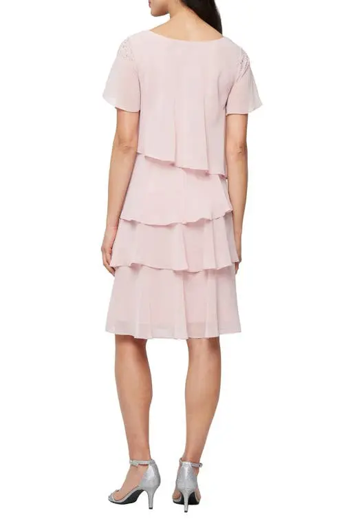 SL FASHIONS Beaded Tiered Chiffon Dress - Faded Rose