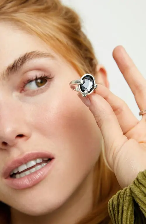 UNODE50 Sterling Plated Ring With Black Faceted Crystal