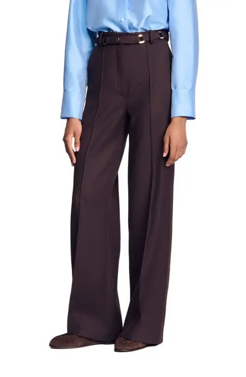 Sandro Wool Trousers With Branded Metal Ring Belt - Light Brown