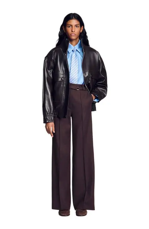 Sandro Wool Trousers With Branded Metal Ring Belt