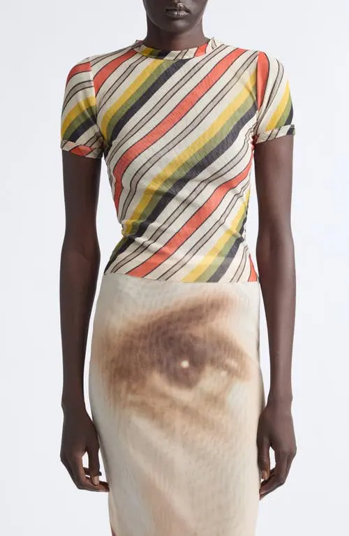 JEAN PAUL GAULTIER Retro Stripe Print Crop Mesh Baby Tee - Beige Multicolor