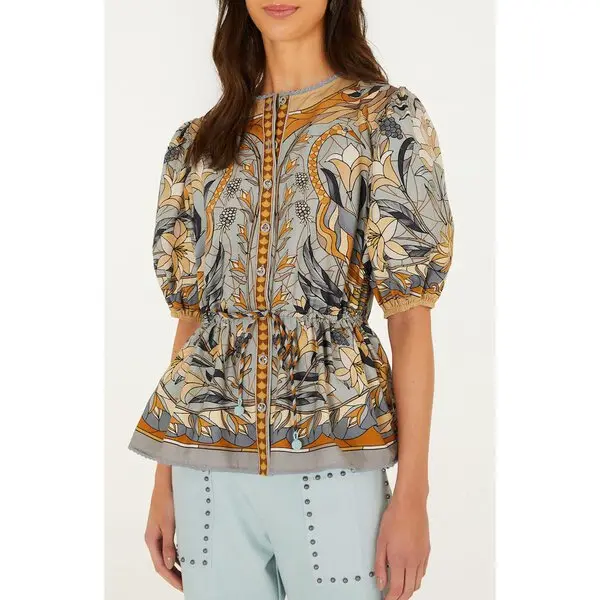 Farm Rio Stained Glass Beauty Half Placket Cotton Top - Blue