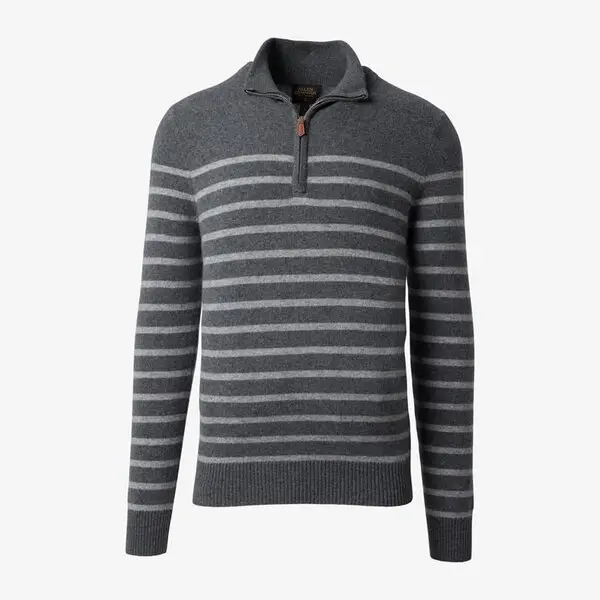 Allen Edmonds Cashmere Quarter-zip Sweater With Leather Pull Tab - Grey Stripe