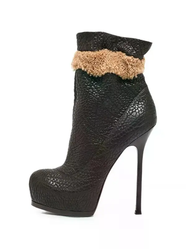 Saint Laurent Textured Shearling Trim Stiletto Ankle Boots