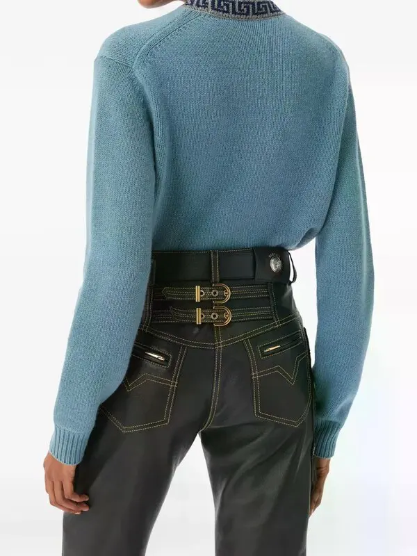 Versace Wool & Cashmere Blend Crewneck Jumper With Greca Motif - Blue
