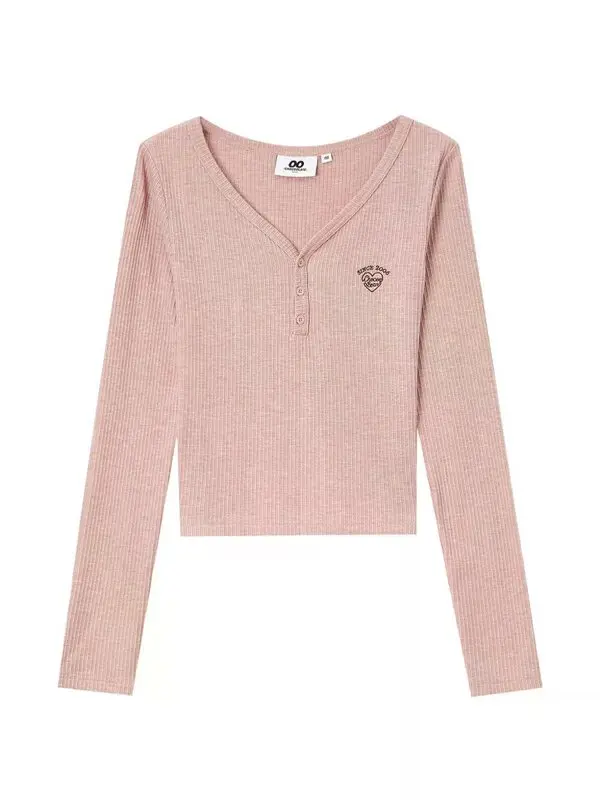 CHOCOOLATE Ribbed Knit Heart Motif Cropped T-shirt - Pink