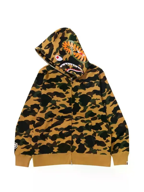 A BATHING APE Camouflage-print Shark-motif Full-zip Hoodie - Neutrals