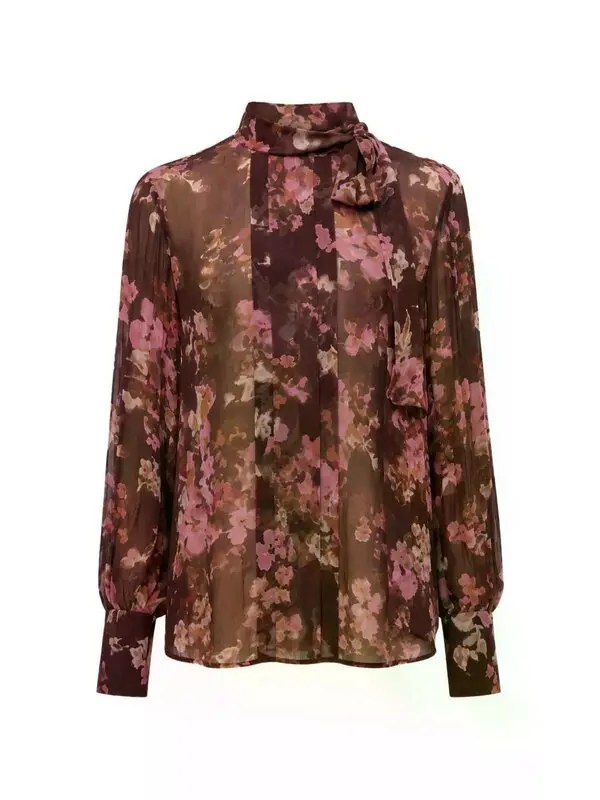 NISSA Floral Print Pussy-bow Blouse - Brown
