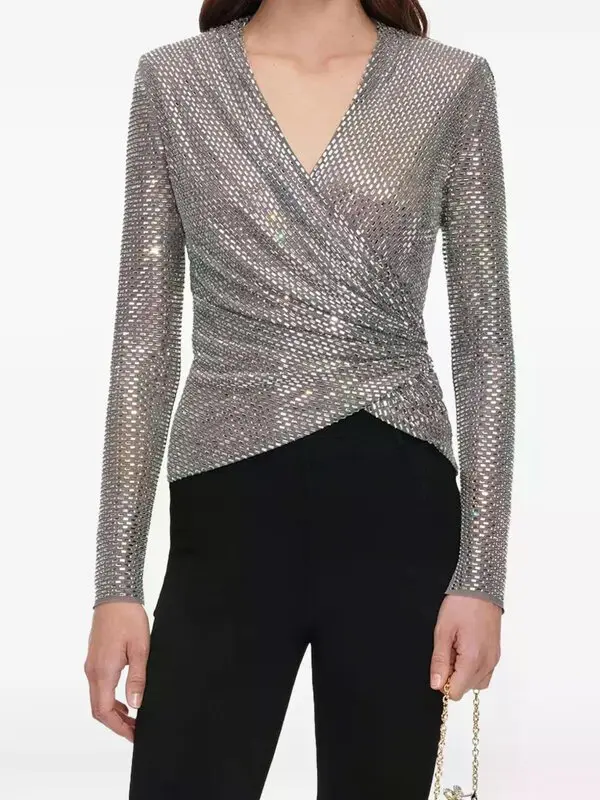 SELF-PORTRAIT Rhinestone Embellished Wrap Top - Silver