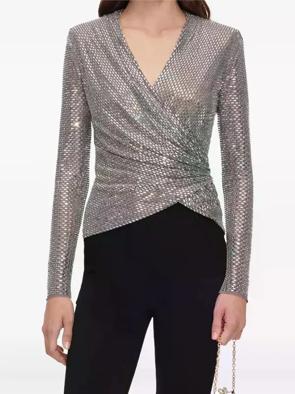 SELF-PORTRAIT Rhinestone Embellished Wrap Top - Silver