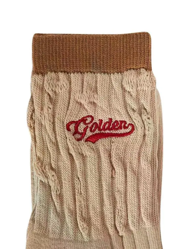 GOLDEN GOOSE Beige Ribbed Socks With Brown Details And Red Embroidered Logo - Neutrals