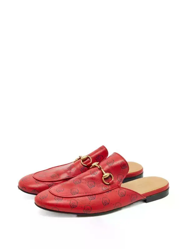 Gucci Princetown Skull Print Horsebit Mules - Red